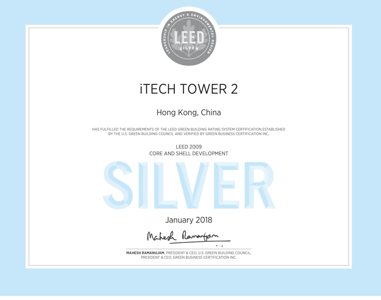 Achieved Silver rating in LEED certification for iTech Tower 2 | iTechTower Data Center Hong Kong